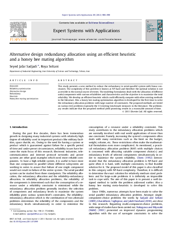 Pdf Alternative Design Redundancy Allocation Using An Efficient Heuristic And A Honey Bee