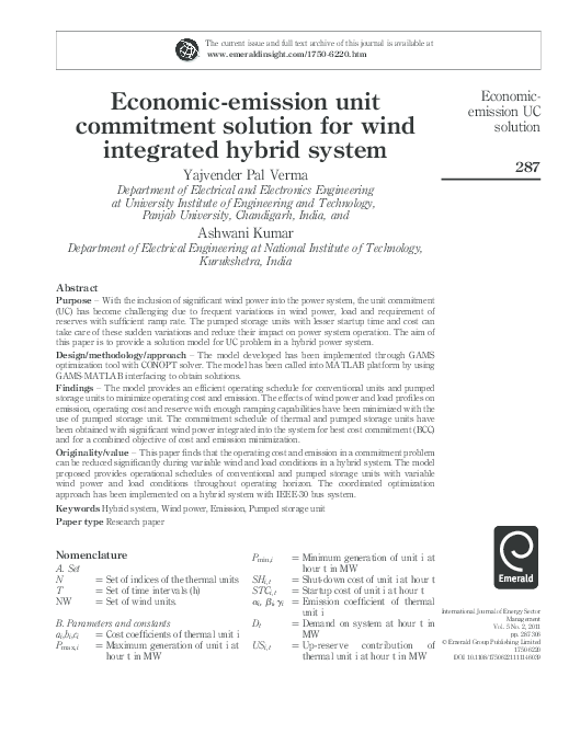 (PDF) Economic-emission unit commitment solution for wind integrated hybrid system