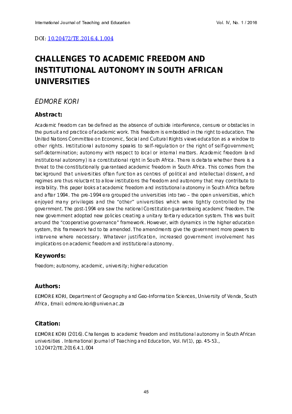 (PDF) CHALLENGES TO ACADEMIC FREEDOM AND INSTITUTIONAL AUTONOMY IN ...