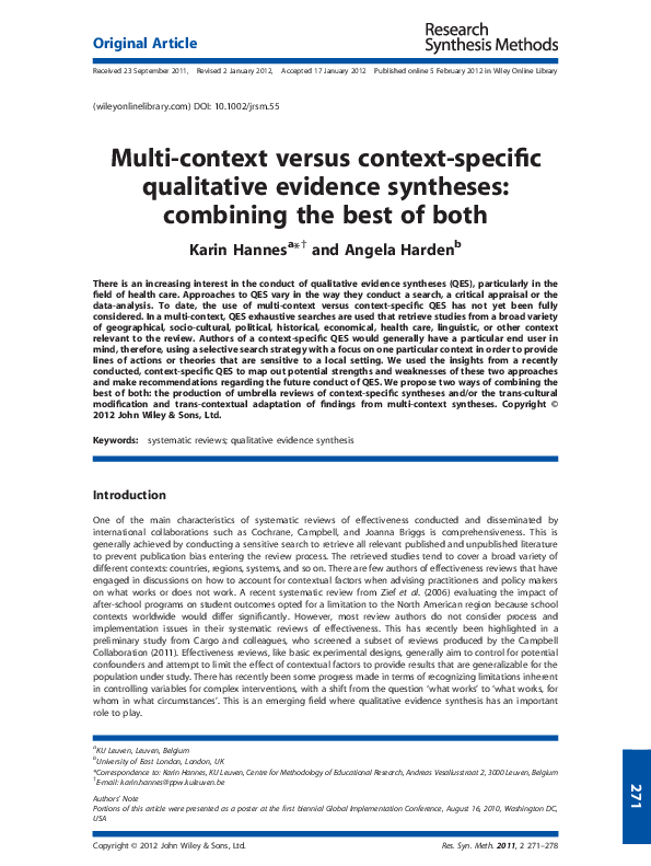 (PDF) Multi‐context versus context‐specific qualitative evidence syntheses: combining the best ...
