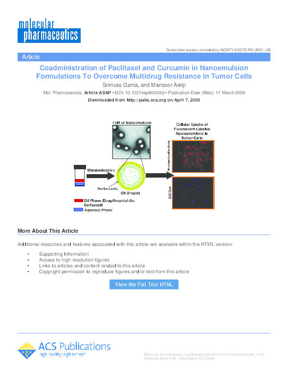 (PDF) Coadministration of Paclitaxel and curcumin in nanoemulsion formulations to overcome ...