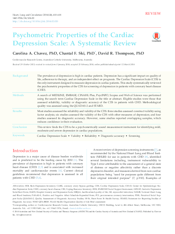 (PDF) Psychometric Properties of the Cardiac Depression Scale: A ...