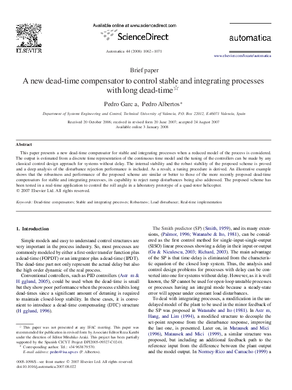 (PDF) A new dead-time compensator to control stable and integrating processes with long dead-time
