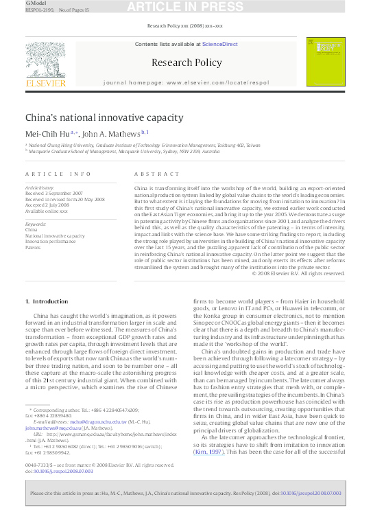 (PDF) China's national innovative capacity