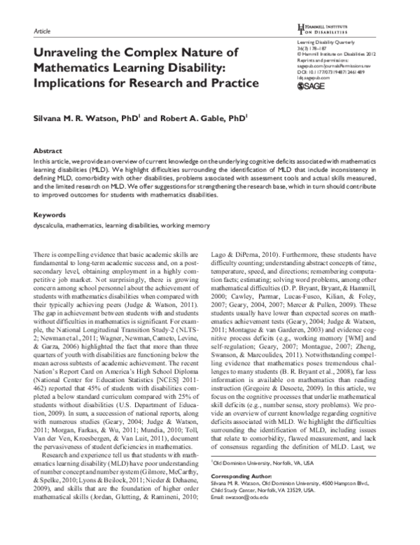 (PDF) Unraveling the Complex Nature of Mathematics Learning Disability ...