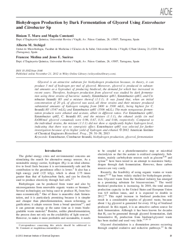 (PDF) Biohydrogen production by dark fermentation of glycerol using Enterobacter and Citrobacter Sp