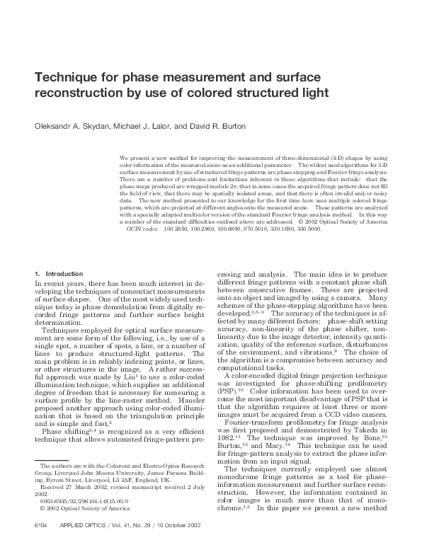 (PDF) Technique for Phase Measurement and Surface Reconstruction by Use of Colored Structured Light