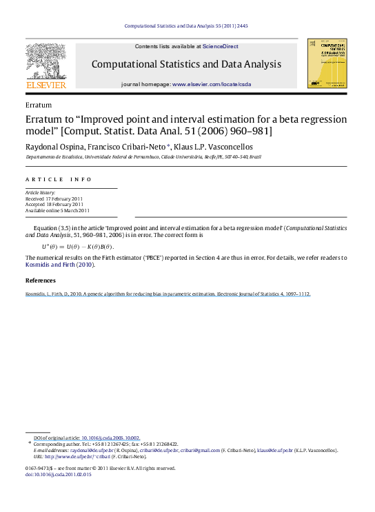 (PDF) Erratum to “Improved point and interval estimation for a beta regression model” [Comput ...