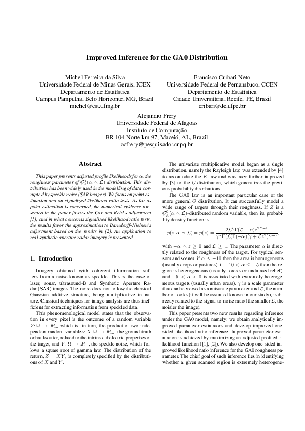 (PDF) Improved likelihood inference for the roughness parameter of the GA0 distribution