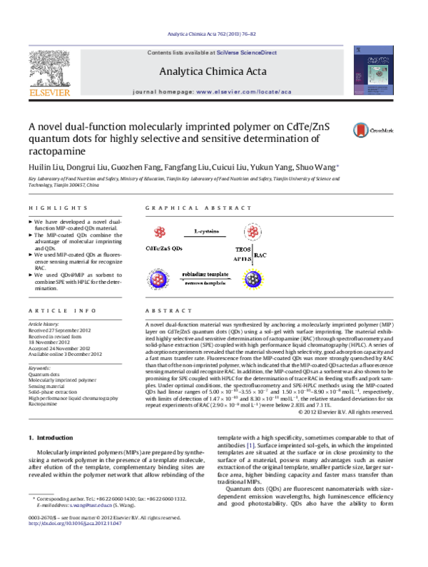 Pdf A Novel Dual Function Molecularly Imprinted Polymer On Cdte Zns Quantum Dots For Highly