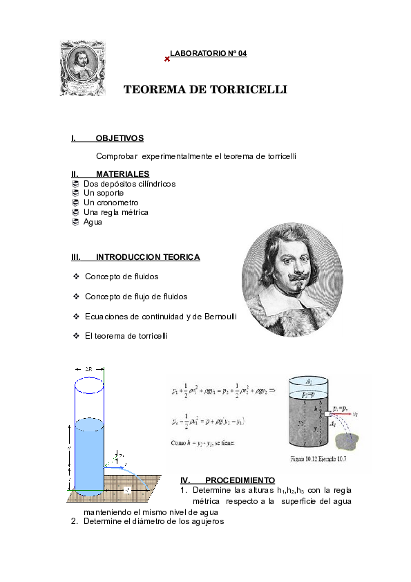 Doc Teorema De Torricelli Objetivos Comprobar Experimentalmente El