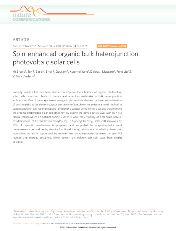 (PDF) Spin-enhanced organic bulk heterojunction photovoltaic solar cells