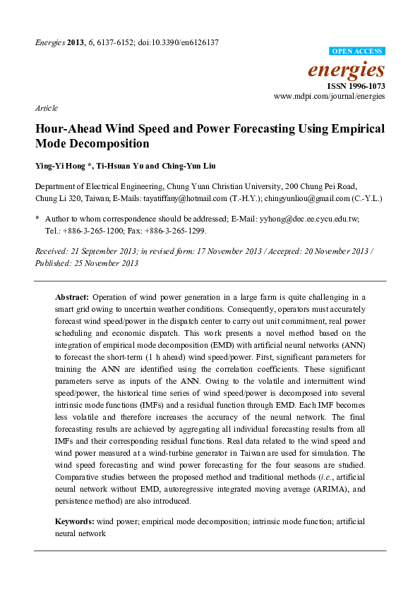 (PDF) Hour-Ahead Wind Speed and Power Forecasting Using Empirical Mode Decomposition | Jair José ...