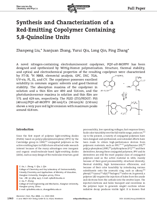 (PDF) Synthesis and Characterization of a Red-Emitting Copolymer ...