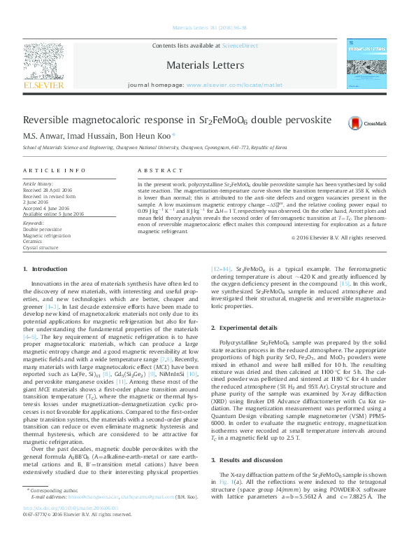(PDF) Reversible magnetocaloric response in Sr 2 FeMoO 6 double pervoskite