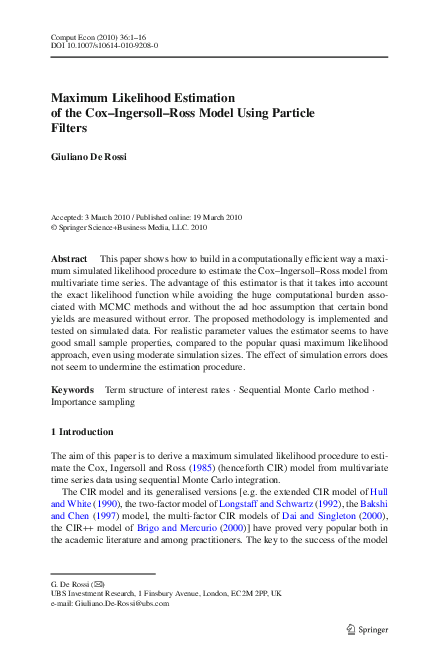 (PDF) Maximum Likelihood Estimation of the Cox–Ingersoll–Ross Model Using Particle Filters