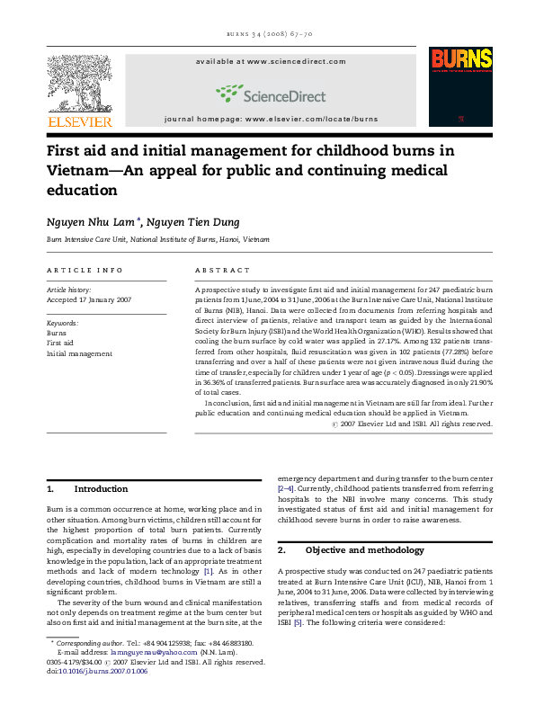 (PDF) First aid and initial management for childhood burns in Vietnam--An appeal for public and ...