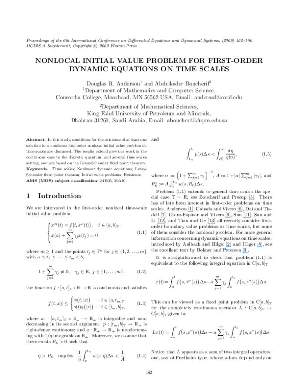 (PDF) Nonlocal initial value problem for first-order dynamic equations on time scales