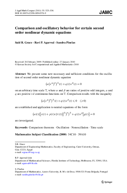 (PDF) Comparison and oscillatory behavior for certain second order nonlinear dynamic equations