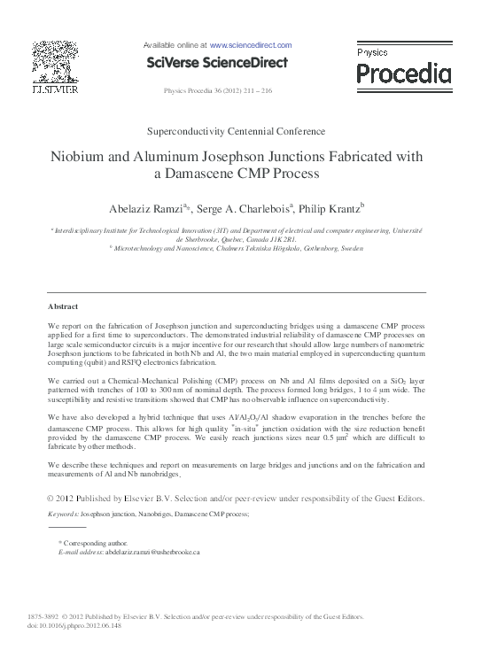(PDF) Niobium and Aluminum Josephson Junctions Fabricated with a ...