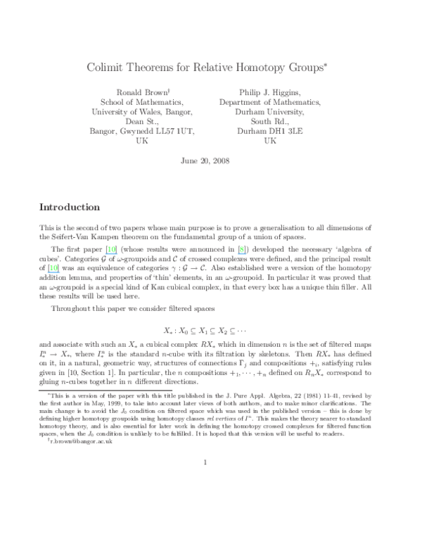 (PDF) Colimit theorems for relative homotopy groups