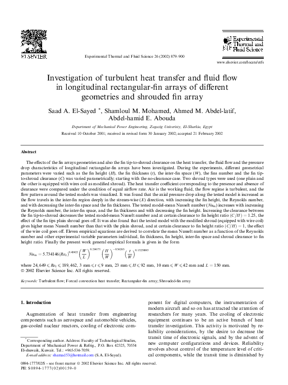 (PDF) Investigation of turbulent heat transfer and fluid flow in longitudinal rectangular-fin ...