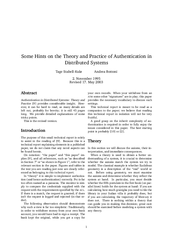 (PDF) Some Hints on the Theory and Practice of Authentication in Distributed Systems