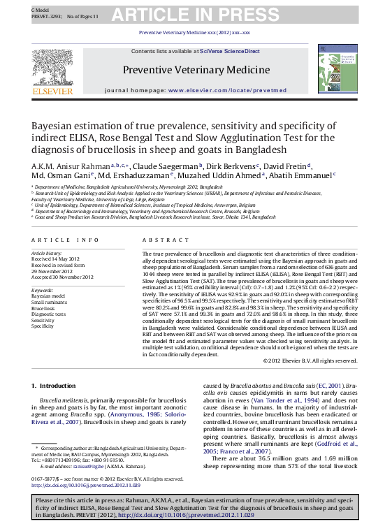 Pdf Bayesian Estimation Of The True Prevalence Sensitivity And Specificity Of The Rose Bengal