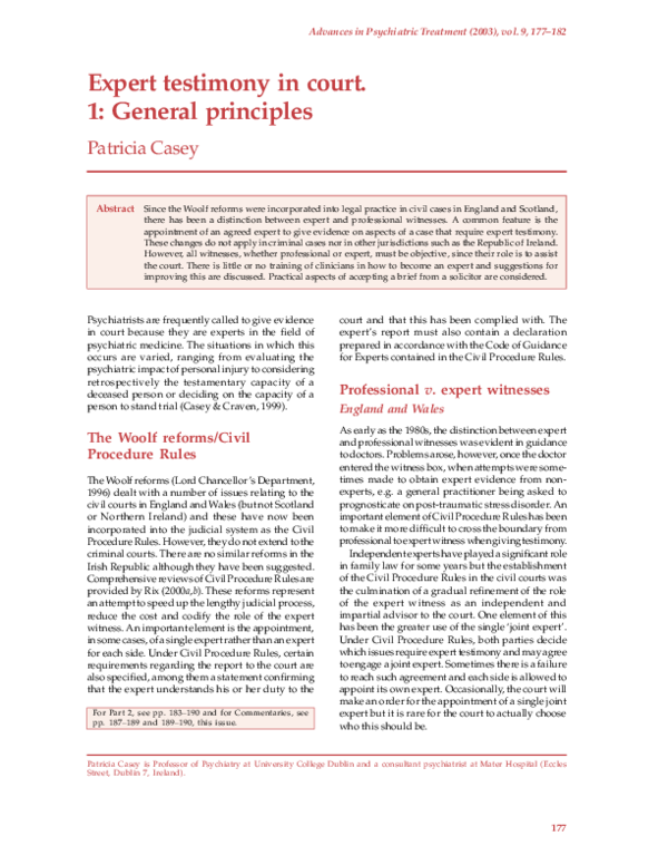 (PDF) Expert testimony in court. 1: General principles