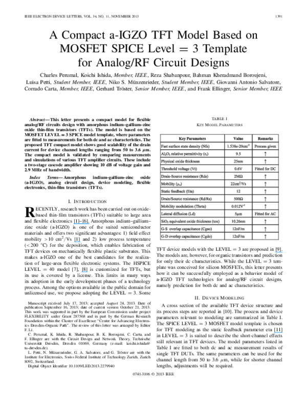 (PDF) A Compact a-IGZO TFT Model Based on MOSFET SPICE ${\rm Level}=3 ...
