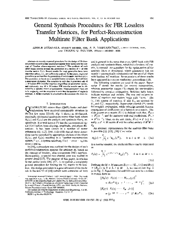 Pdf Synthesis Of Fir Lossless Transfer Matrices