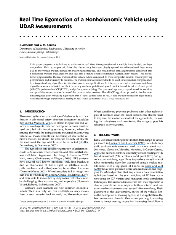 (PDF) Real time egomotion of a nonholonomic vehicle using LIDAR ...