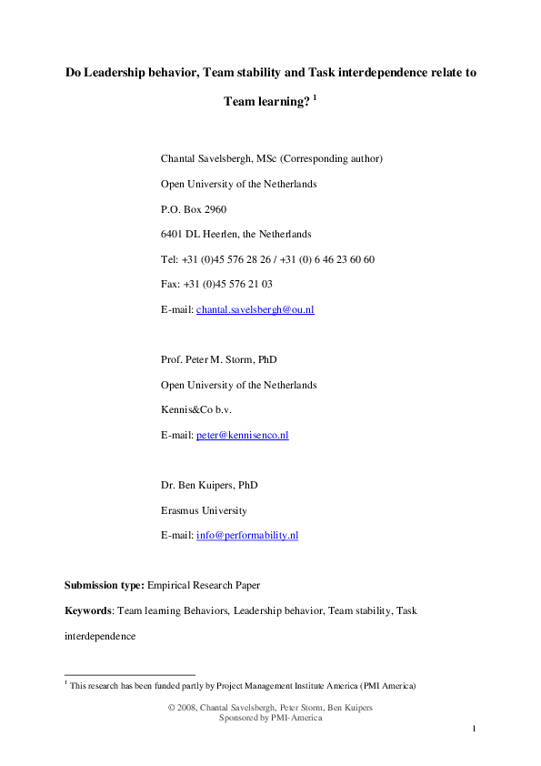(PDF) Do Leadership behavior, Team stability and Task interdependence relate to Team learning? 1