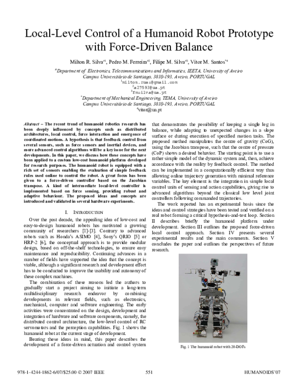 (PDF) Local-level control of a humanoid robot prototype with force ...