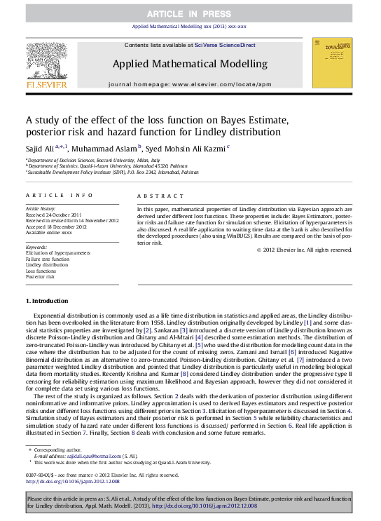 (PDF) A study of the effect of the loss function on Bayes Estimate, posterior risk and hazard ...