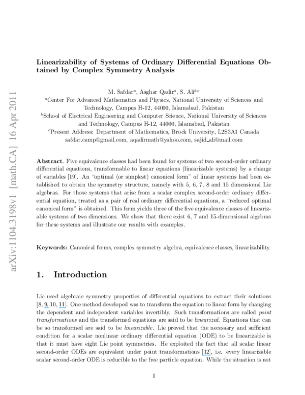 Pdf Linearizability Of Systems Of Ordinary Differential Equations Obtained By Complex Symmetry