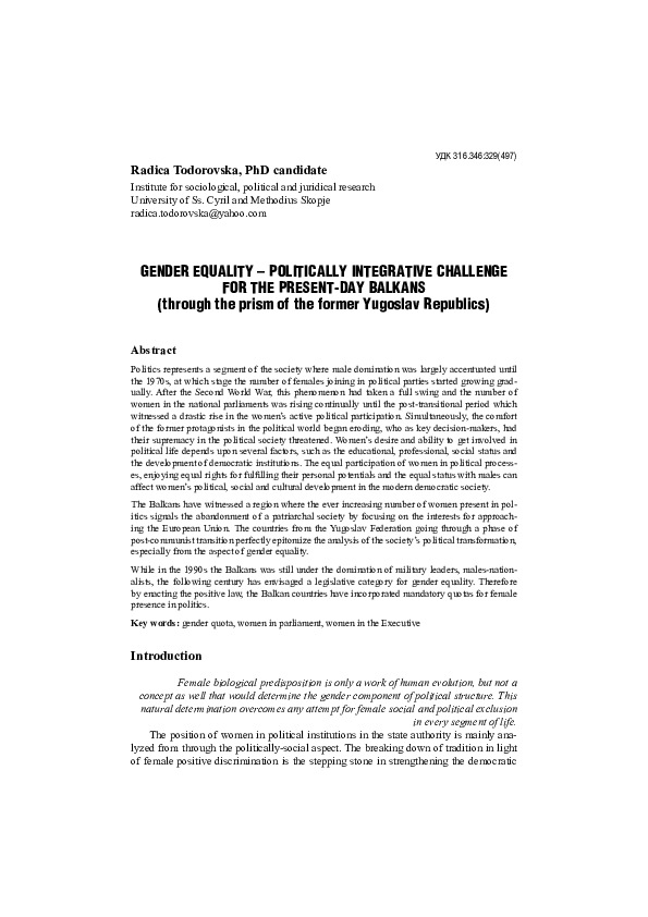 (PDF) GENDER EQUALITY – POLITICALLY INTEGRATIVE CHALLENGE FOR THE ...