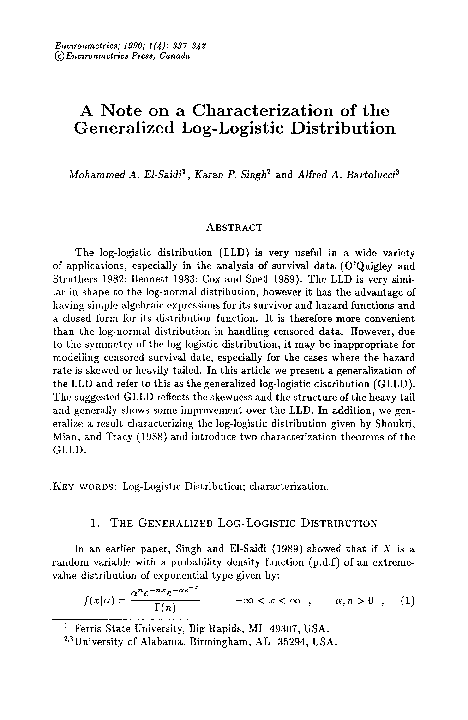 (PDF) A note on a characterization of the generalized log-logistic distribution