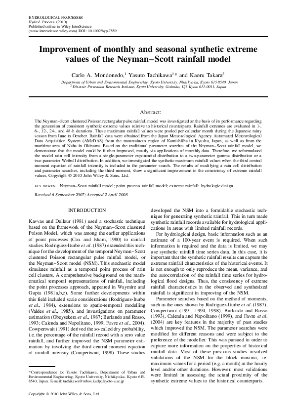 (PDF) Improvement of monthly and seasonal synthetic extreme values of the Neyman-Scott rainfall ...