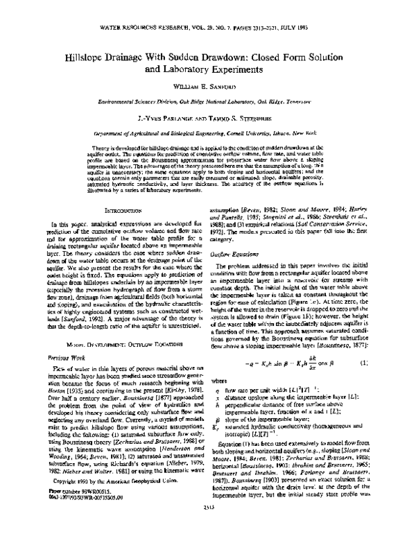 Pdf Hillslope Drainage With Sudden Drawdown Closed Form Solution And Laboratory Experiments