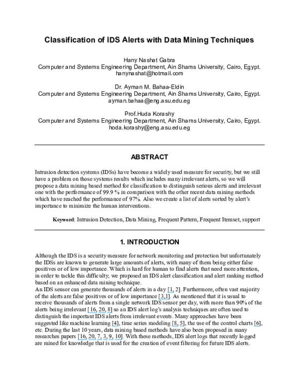 (PDF) Classification of ids alerts with data mining techniques