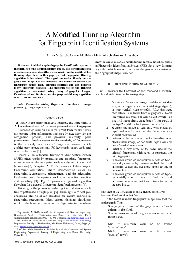 Pdf A Modified Thinning Algorithm For Fingerprint Identification Systems Ayman Bahaa Eldin