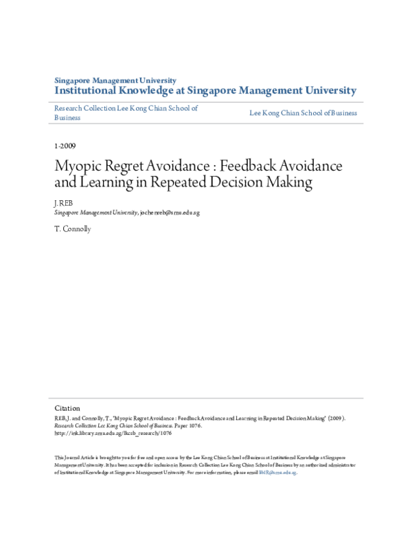 (PDF) Myopic regret avoidance: Feedback avoidance and learning in ...
