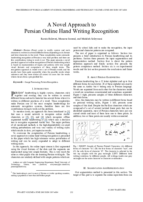 (PDF) A Novel Approach to Persian Online Hand Writing Recognition