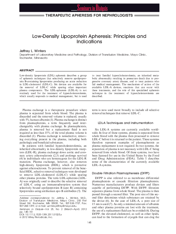 (PDF) Low-Density Lipoprotein Apheresis: Principles and Indications
