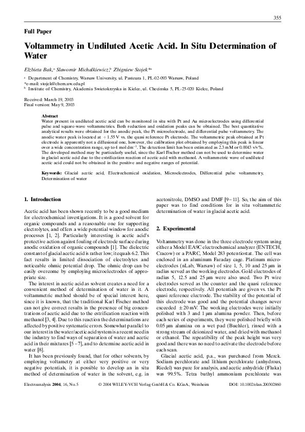 (PDF) Voltammetry in Undiluted Acetic Acid. In Situ Determination of Water