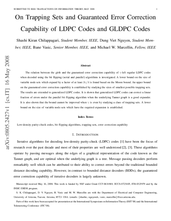 Pdf On Trapping Sets And Guaranteed Error Correction Capability Of Ldpc Codes And Gldpc Codes