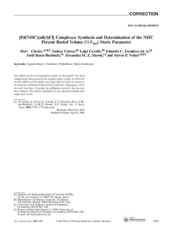 (PDF) [Pd(NHC)(allyl)Cl] Complexes: Synthesis and Determination of the NHC Percent Buried Volume ...