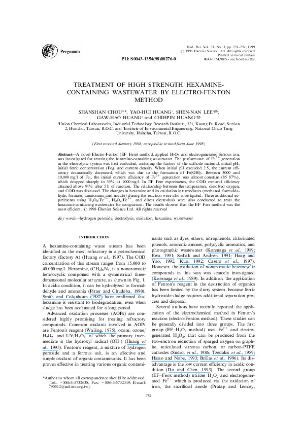 (PDF) Treatment of high strength hexamine-containing wastewater by ...