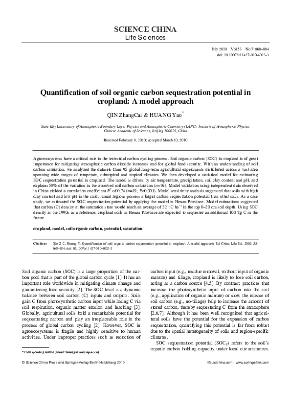 (PDF) Quantification of soil organic carbon sequestration potential in cropland: A model approach